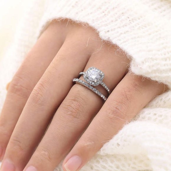 Jewelry | New 925 Sterling Silver Diamond Halo 2p Ring Set | Poshmark